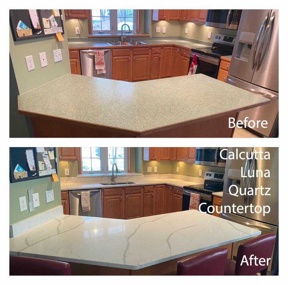 Calcutta Luma Quartz Kitchen Countertop Before and After